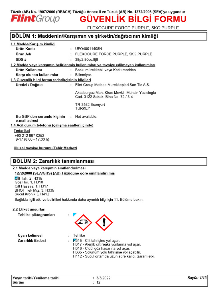 Ufo40011408n - Flint Ghs Sds Eu - Turkey - Xist - Turkish (TR) | PDF