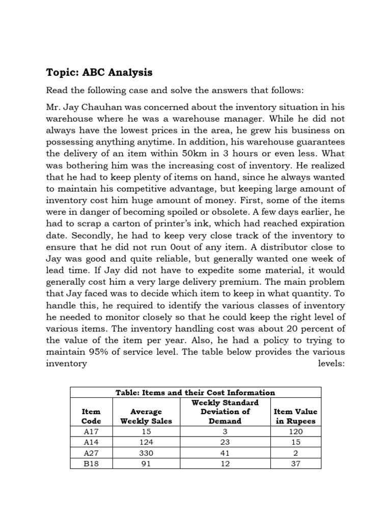 Assignment - ABC Analysis - Case Study | PDF | Inventory | Business ...