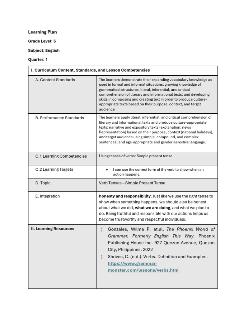 English 5 Learning Plan Template | PDF | Learning | Grammatical Tense