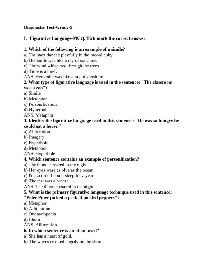 Grade 9 Diagnostic Test on Figurative Language | PDF | Reading ...