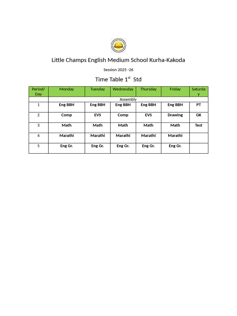 Time Table 1st STD | PDF