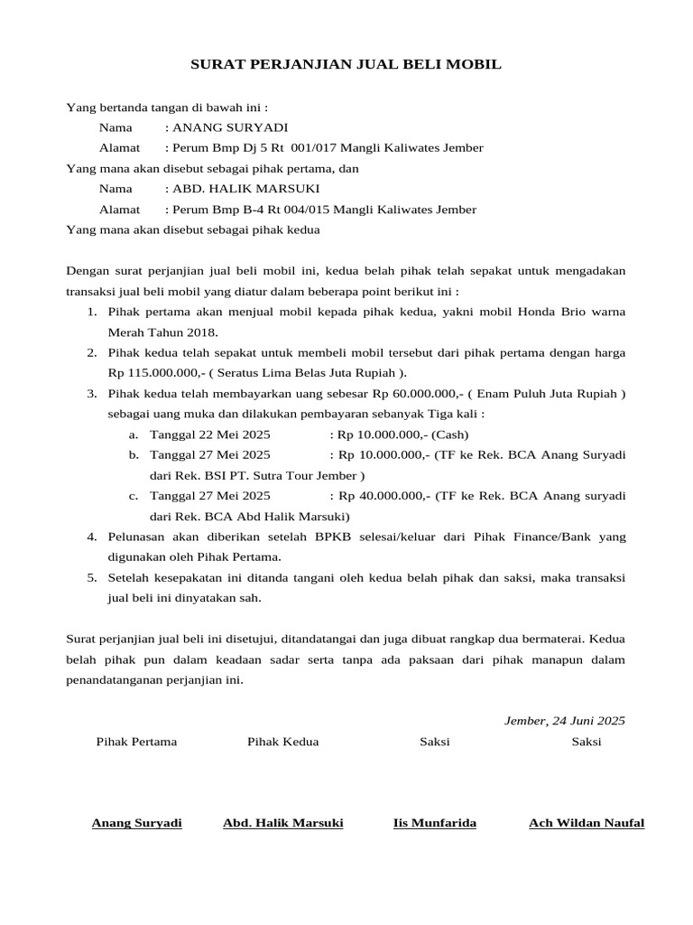 Surat Perjanjian Jual Beli Mobil | PDF