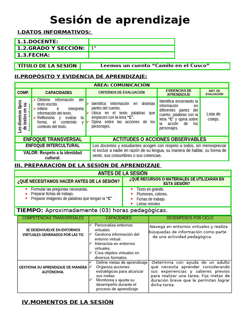 Aprendizaje de lectura: "Camilo en Cusco" | PDF | Aprendizaje ...