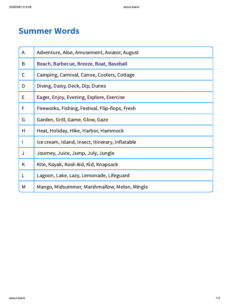 Summer Words For Flashcards | PDF