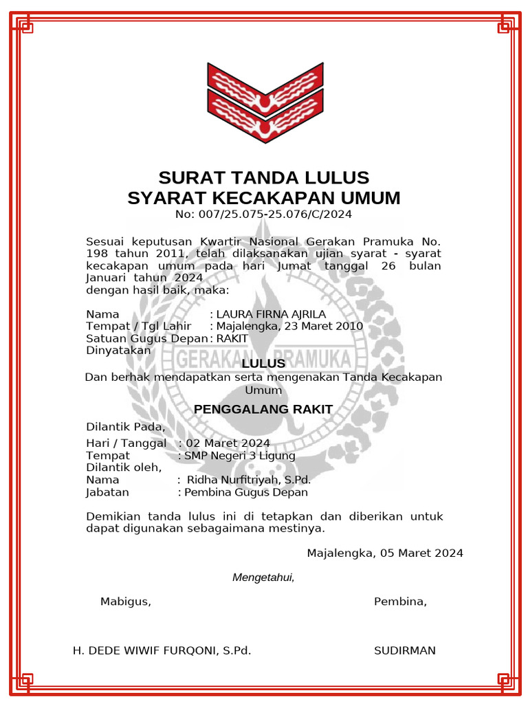 Surat Tanda Lulus Pramuka Laura 2024 | PDF