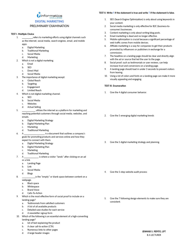 Prelim Exam Digital Marketing | PDF | Digital Marketing | Search Engine Optimization