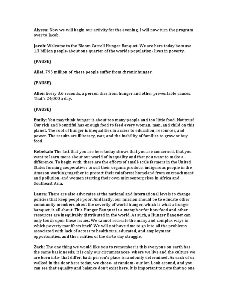Hunger Banquet Final Script | PDF | Hunger | Poverty