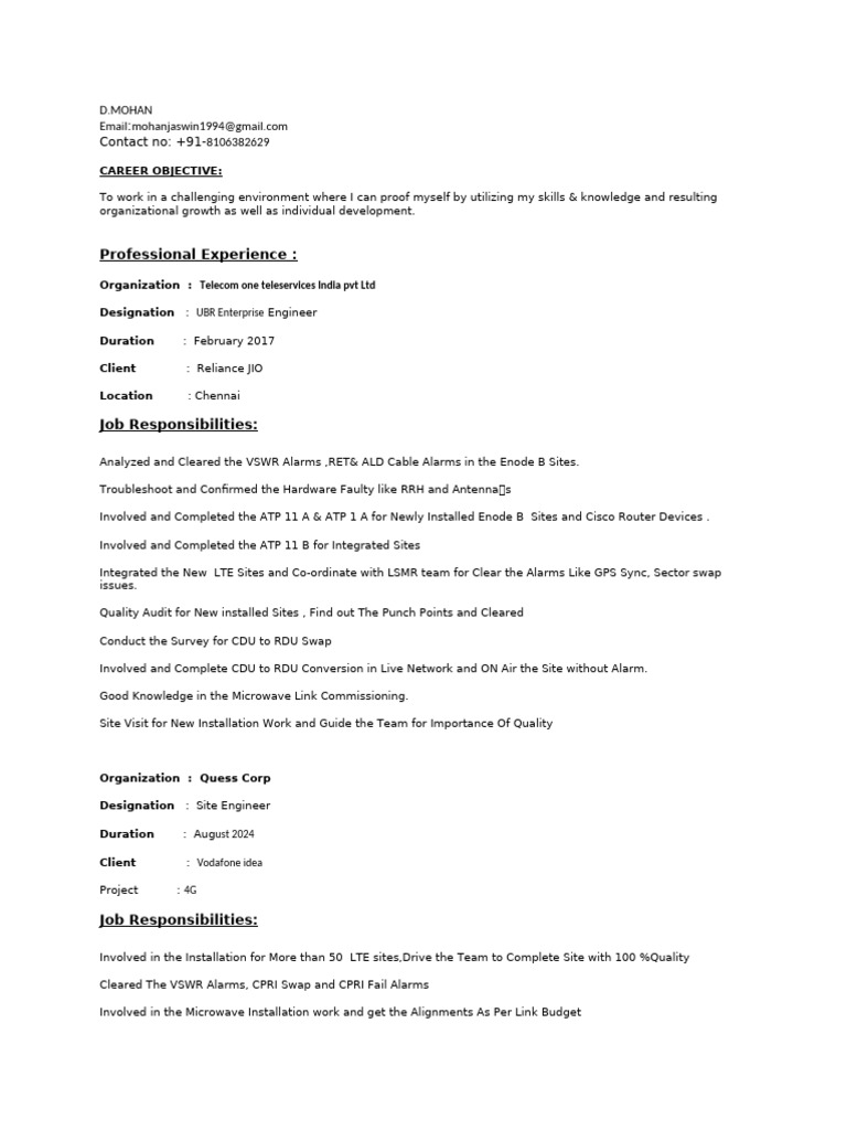 Mohan.D Resume | PDF | Telecommunications | Information And ...