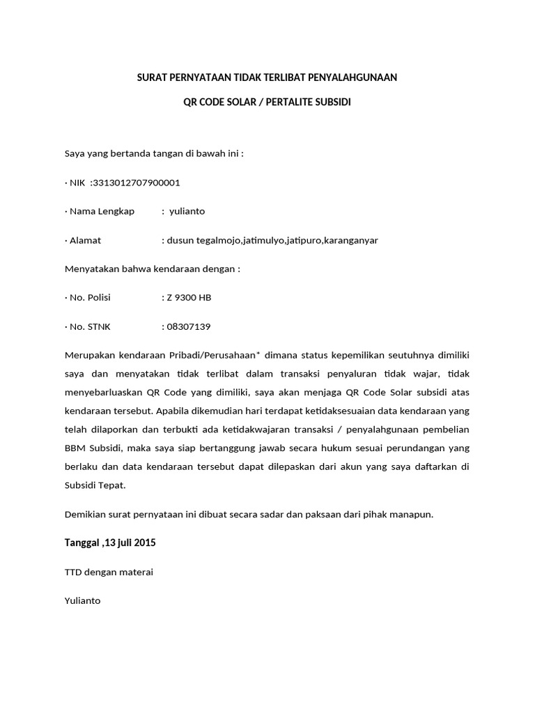Surat Pernyataan Tidak Terlibat Penyalahgunaan QR Code Solar - Pertalite Subsidi | PDF