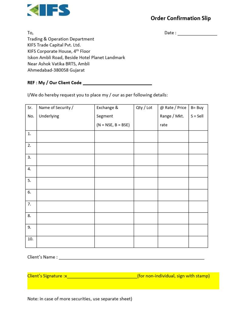 Order Confirmation Slip Kfis Trade Capital Private Limited | PDF