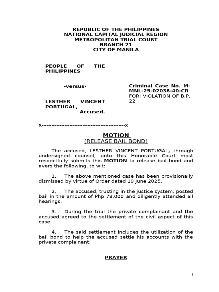 Motion To Release Bail Bond Portugal | PDF | Judiciaries | Common Law