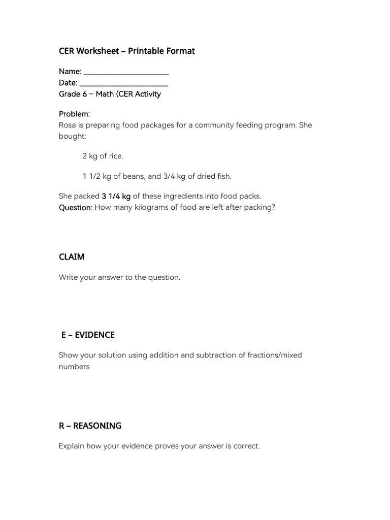 CER Worksheet - Printable Format | PDF
