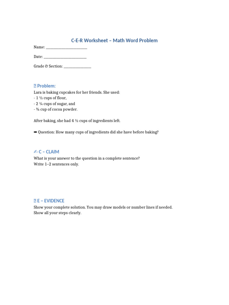 CER Worksheet Fractions Printable | PDF