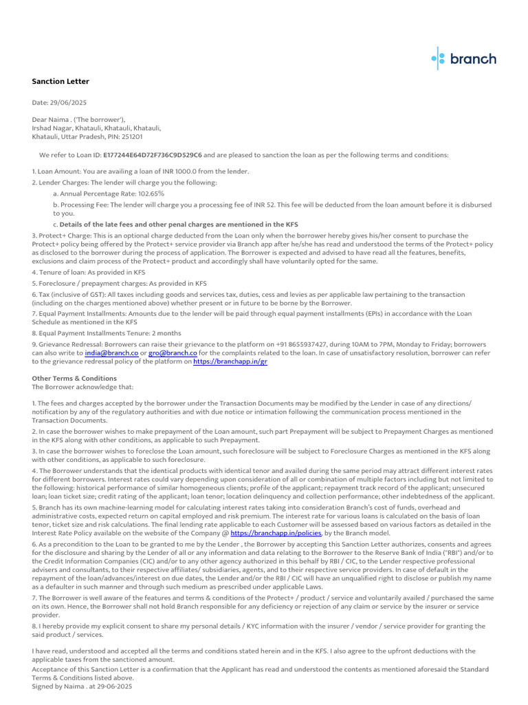 Loan Sanction Letter Details | PDF | Loans | Interest