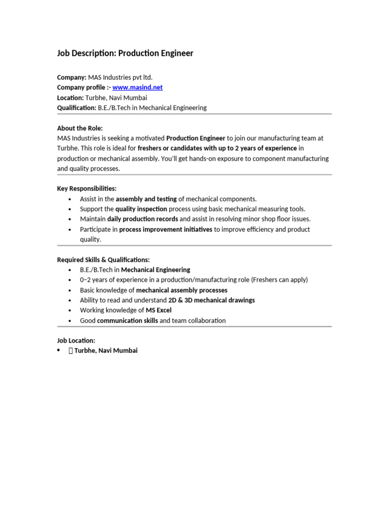 Production Engineer Job Description | PDF