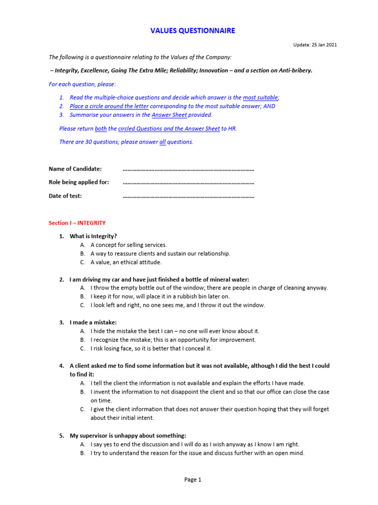 Values Questionnaire - Template | PDF