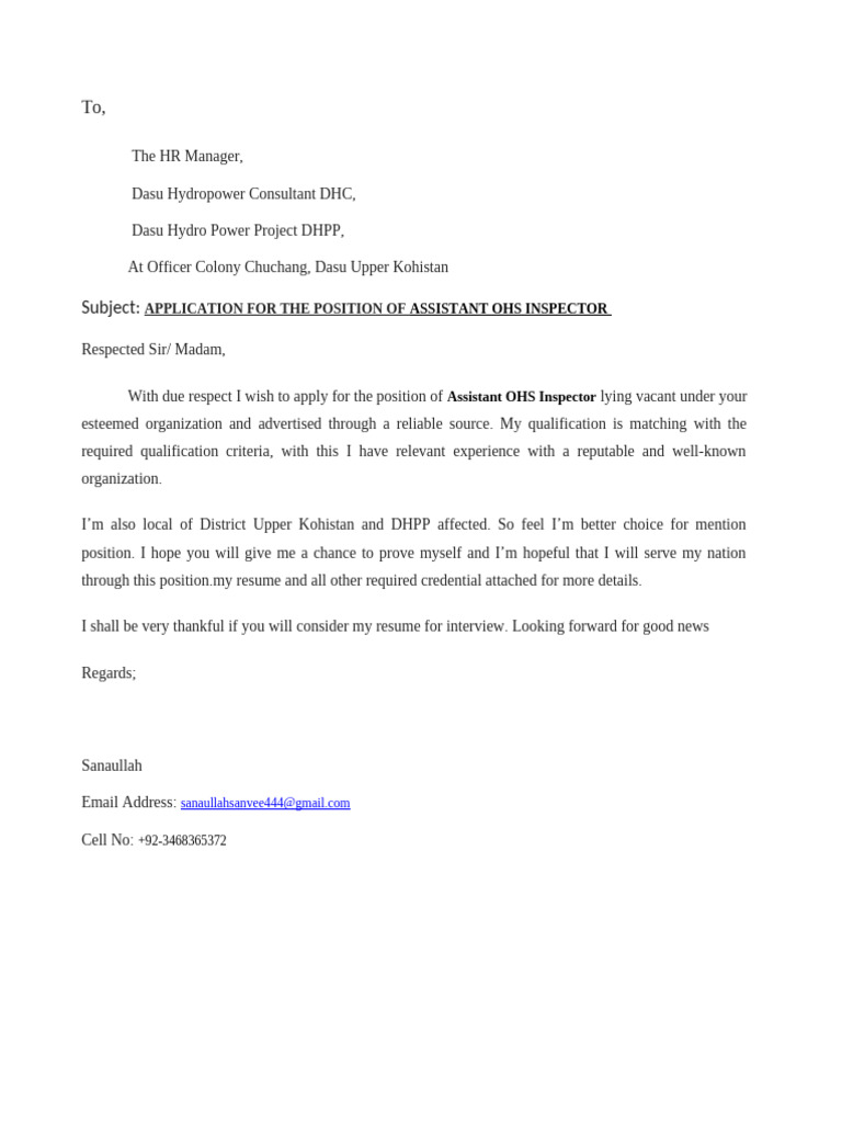 Application for Assistant OHS Inspector | PDF