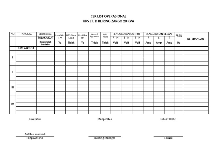 Cek List Operasional UPS 20 KVA | PDF