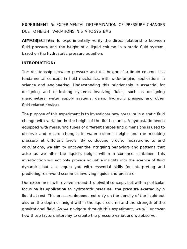 Pressure Changes in Static Fluids Experiment | PDF | Pressure ...