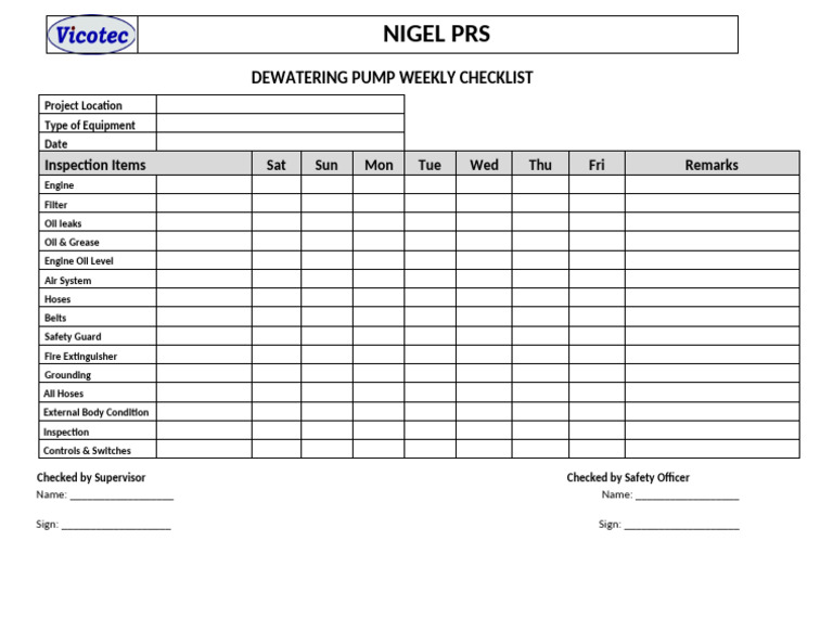 Dewatering Pump Inspection Checklist | PDF