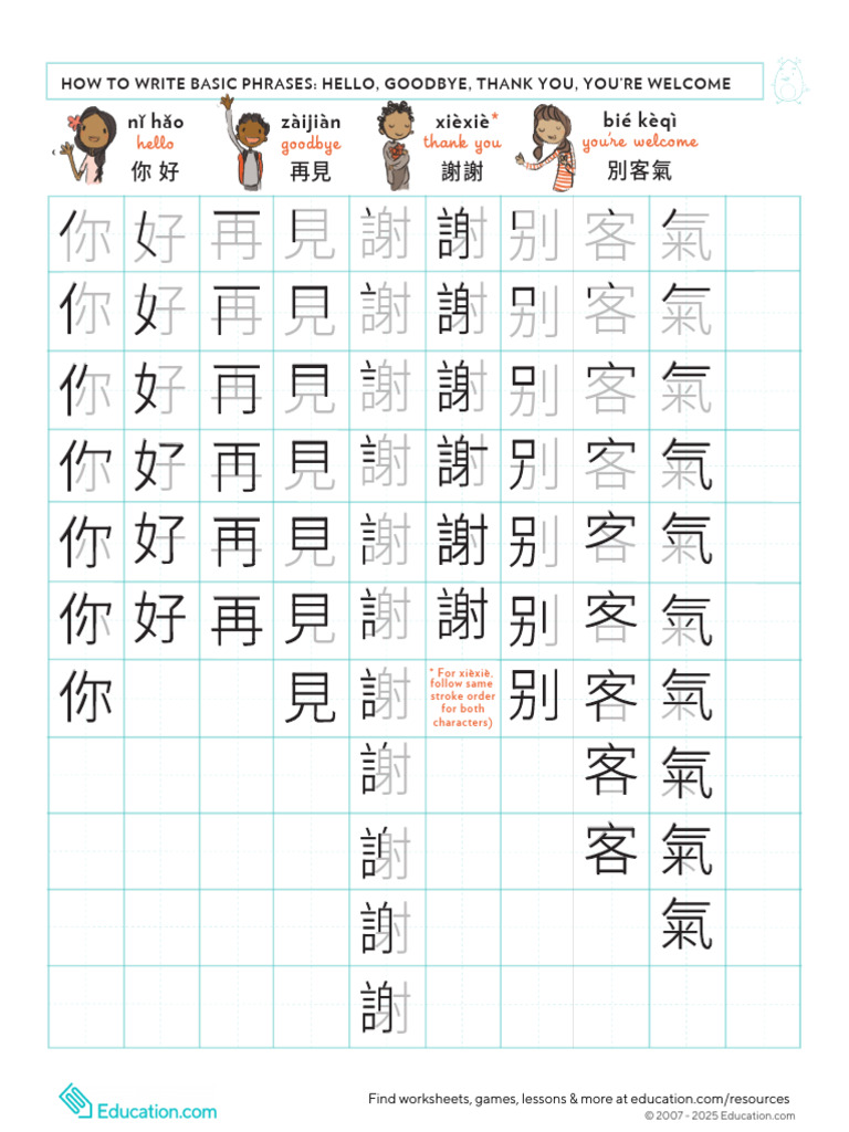 Learn Chinese Write Hello Goodbye Thank You Youre Welcome | PDF