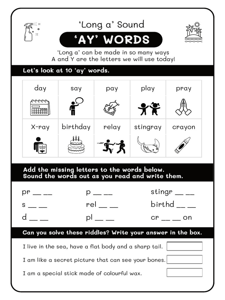 English Long A Sound 'Ay Words' Worksheet in Black and White Lined ...