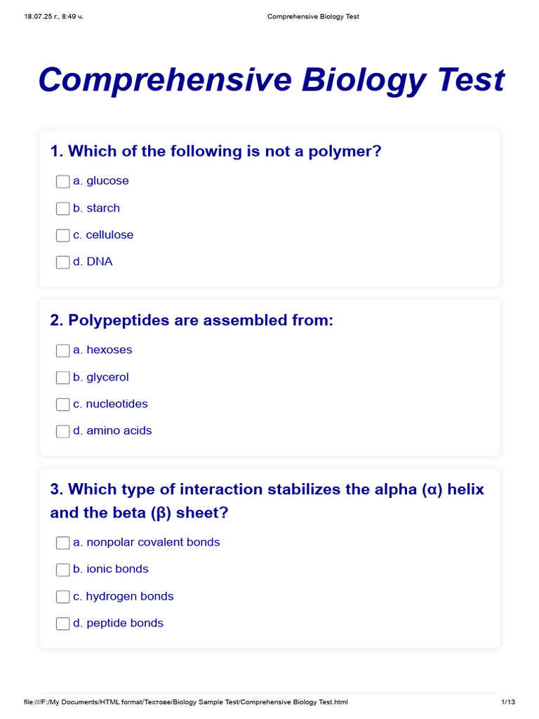 Comprehensive Biology Test | PDF | Ploidy | Cell (Biology)