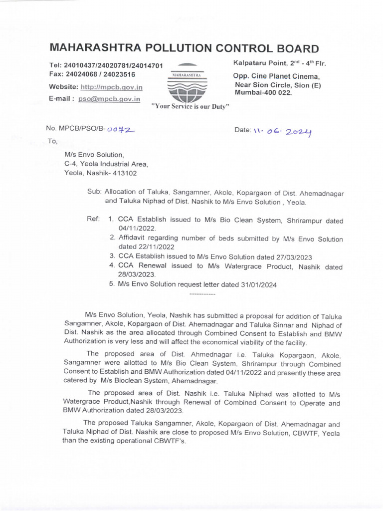 Allocation To Ms. Envo Solution, Yeola. | PDF