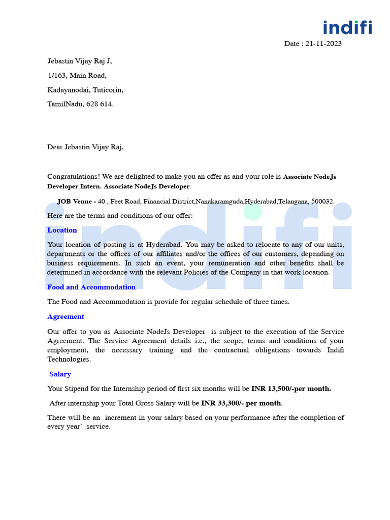 Indifi Technologies Internship Offer Letter | PDF | Salary ...