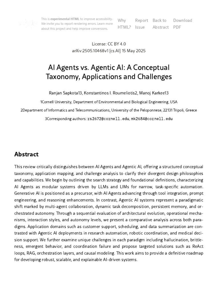 AI Agents vs. Agentic AI - A Conceptual Taxonomy, Applications and Challenges | PDF | Artificial ...