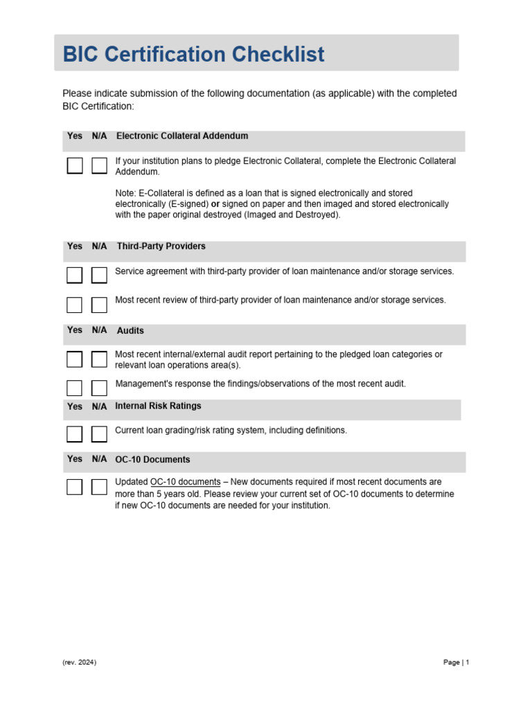 BIC Certification Documentation Checklist | PDF | Loans | Credit