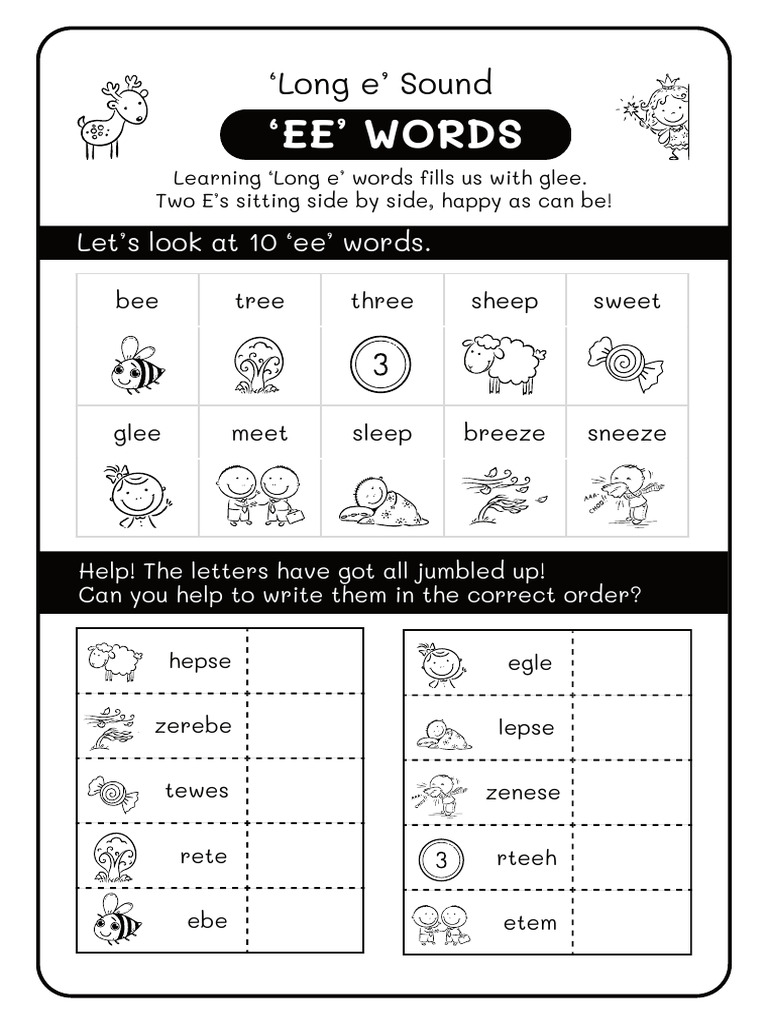 English 'Long E' Sound Worksheet Activity Black and White Lined Style | PDF