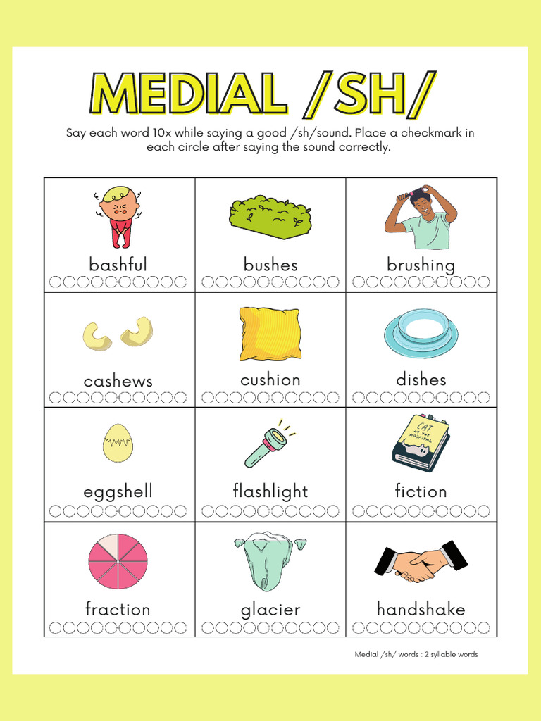 Medial SH Articulation Worksheet For Speech Therapy in A Colorful ...