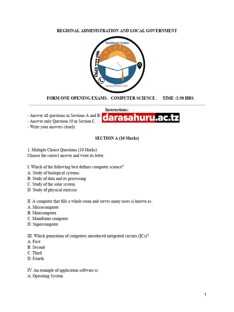 Computer Science Exam: Form One | PDF | Computer Hardware | Operating ...