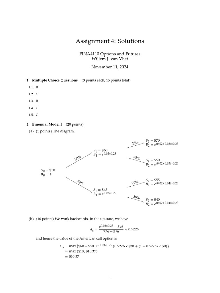 FINA4110 Assignment 4 Solutions | PDF | Option (Finance) | Put Option