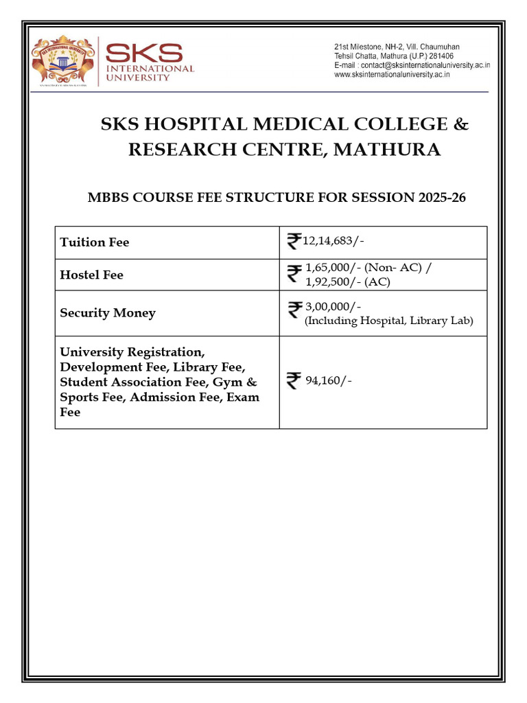 Medical Fee Structure 2025 26 | PDF