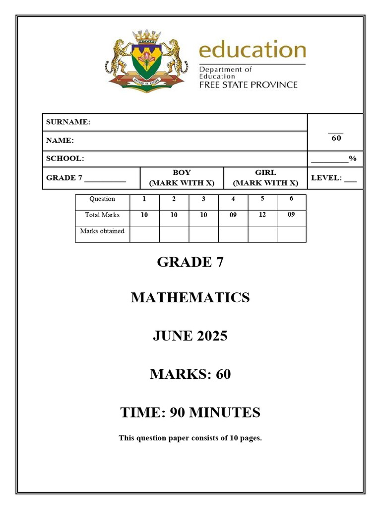 2025 Grade 7 June Maths Test | PDF