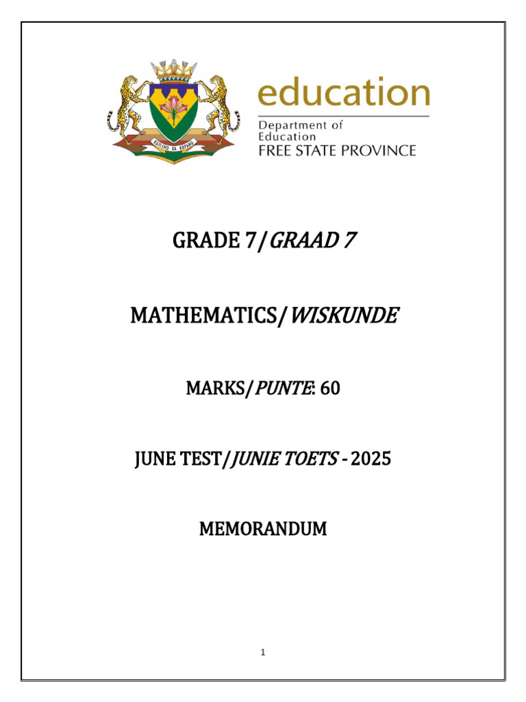 Grade 7 Mathematics June Test Memo | PDF | Arithmetic | Elementary ...