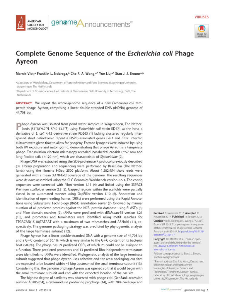 Complete Genome Sequence of The Escherichia Coli Phage Ayreon | PDF ...