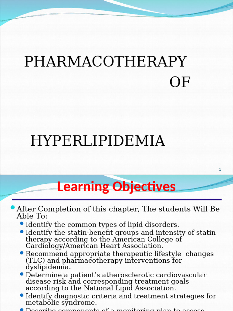 Hyperlipidemia Pharmacotherapy Guide | PDF | Lipoprotein | Cholesterol