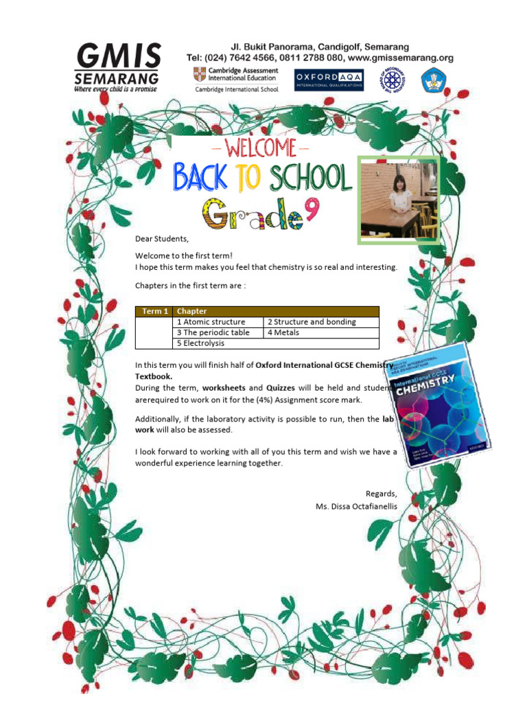 Chemistry G9 Term 1 2025 2026 - Welcome Note | PDF