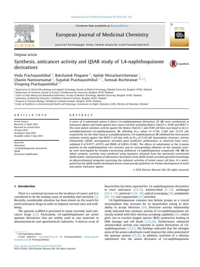 Synthesis, Anticancer Activity and QSAR Study of 1,4-Naphthoquinone | PDF | Quantitative ...