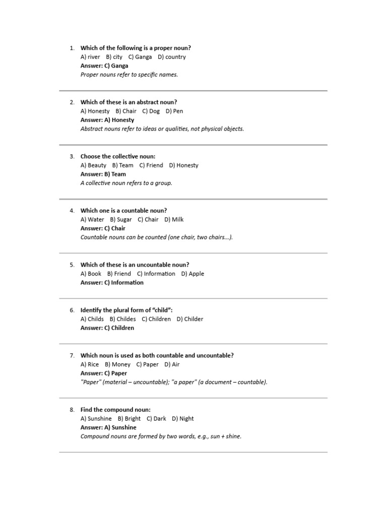 20 Important Noun Question For Exam | PDF | Noun | Plural