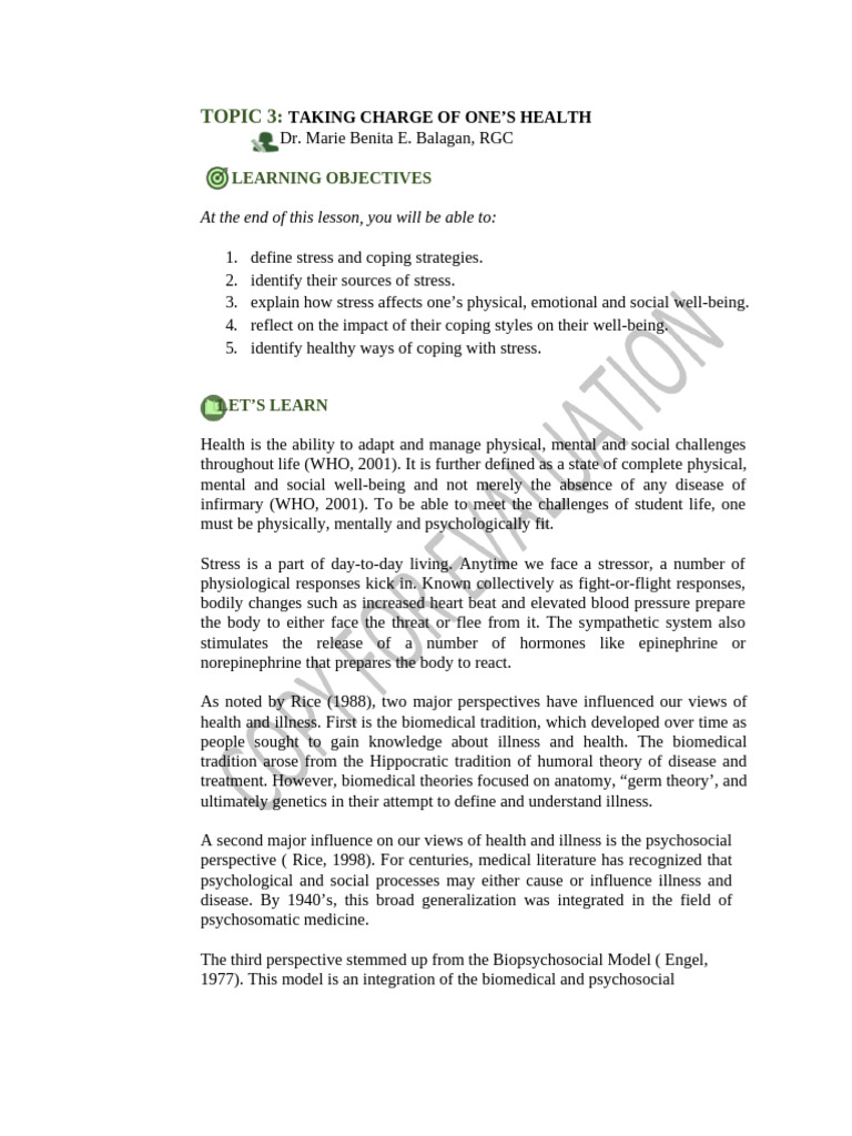 Unit 3 TOPIC 3 Taking Charge of Ones Health | PDF | Stress (Biology ...
