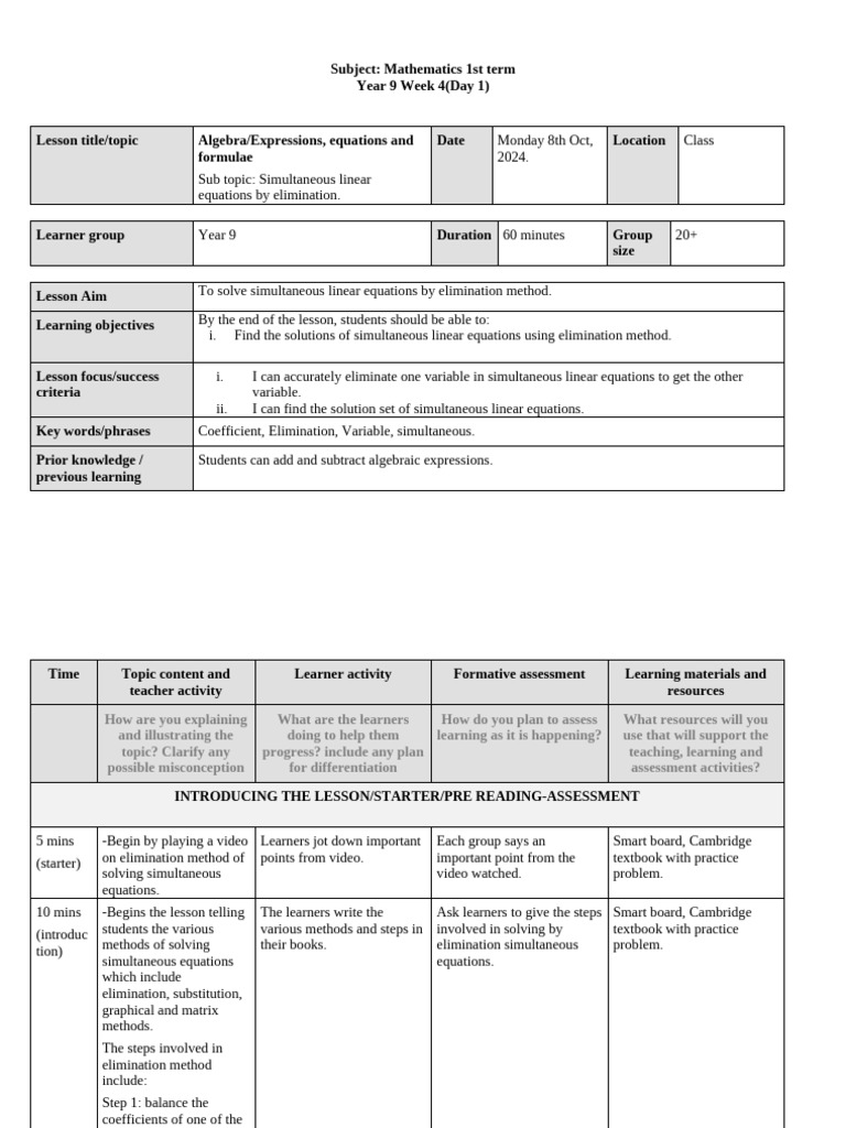 Year 9 Week 4 Lesson Plan Algebra | PDF | Equations | Algebra