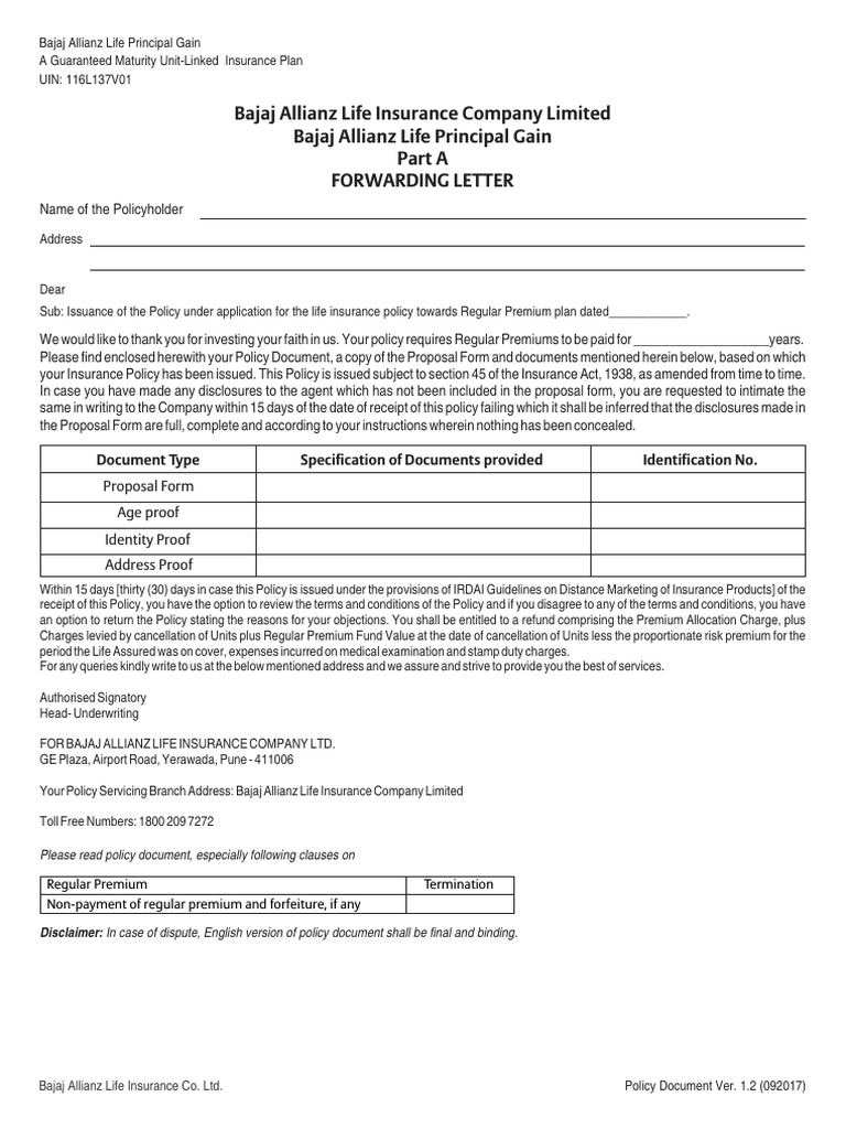 Bajaj Life Principal Gain Letter | PDF | Insurance | Life Insurance