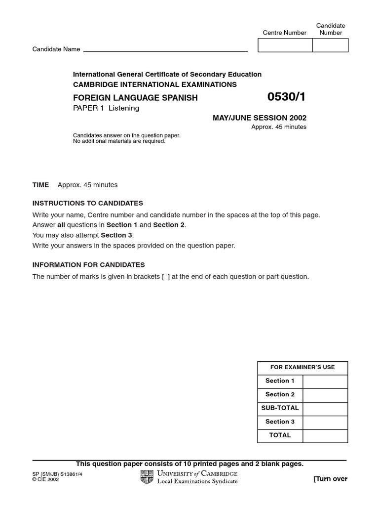 Foreign Language Spanish: PAPER 1 Listening | PDF