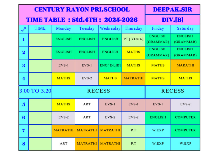Std 4 Time Table 2025-2026 | PDF