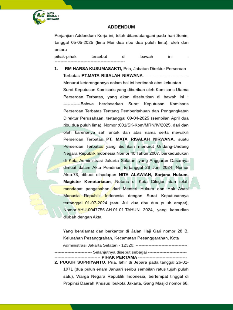 FINAL ADDENDUM Perpanjang Perjanjian Kerja Pengawas Kargo PUGUH SUPRIYANTO | PDF