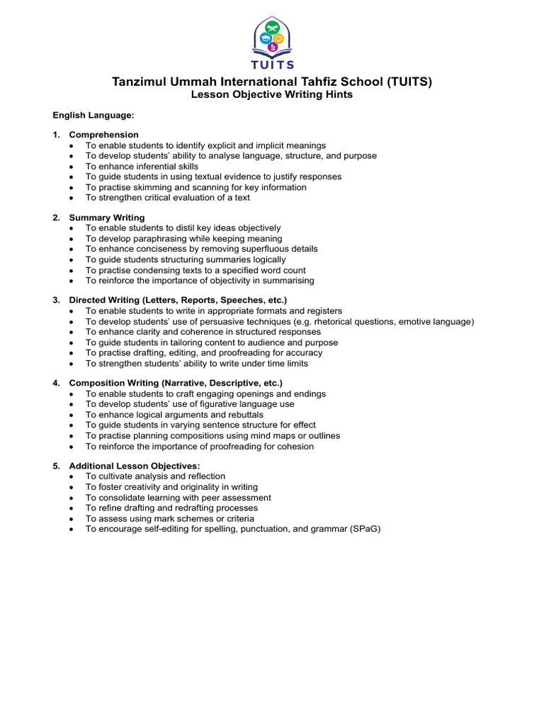 Lesson Objective Writing Hints | PDF